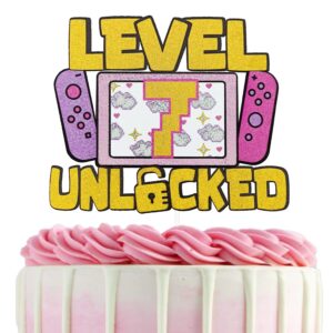 girls level 7 unlocked cake topper, glitter girls gaming 7th birthday cake topper, video game theme party decoration, girl gamer birthday favor