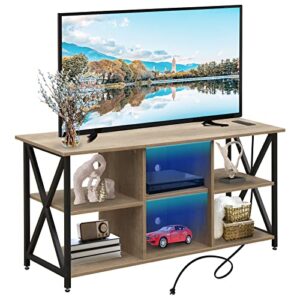 dansion tv stand for tvs up to 55 inch, tv stand with power outlets and led lights, industrial entertainment center media console television stands with 6 open shelves for living room, grey