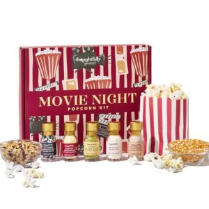 thoughtfully gourmet, movie night popcorn set, includes yellow and mixed popcorn kernels, 10 paper popcorn bags, 5 popcorn seasonings & toppings