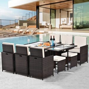 11 piece outdoor garden patio furniture pe rattan wicker dining set sectional conversation patio set with ottomans