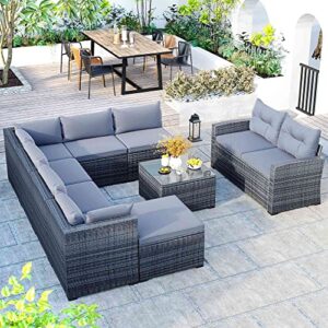 cotoala 9-piece outdoor patio large wicker sofa set, pe rattan conversation sectional couch with ottoman and glass coffee table for garden, backyard, porch and poolside, grey