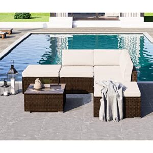 hompus 6-piece outdoor handwoven sectional sofa pe rattan wicker couch corner conversation set furniture brown patio sofa set w beige seat cushions, glass coffee table for garden,yard,pool