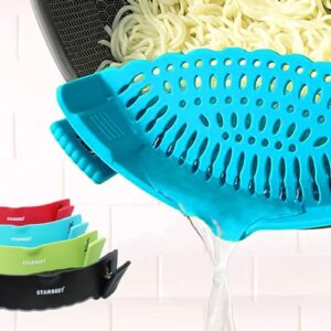 starbeet clip on pot strainer - snap n strain silicone food colander - fast, easy, straining for noodles, pasta, meat, fruits and veggies. fits most sizes round pots, pans and bowls.