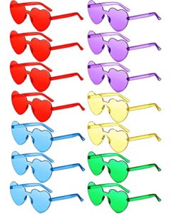 toodoo 14 pairs heart shaped sunglasses for women rimless heart sunglasses bulk for party favors(red, blue, purple, yellow, green)