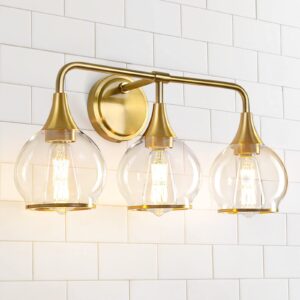 hahzt gold bathroom vanity light 3-lights bathroom light fixtures over mirror with clear glass shade 22.4 inch wall sconce lighting bath(exclude e26 bulb)