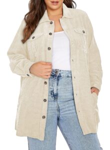 eytino womens plus size shacket jacket oversize long sleeve button down corduroy boyfriend shirts,4x apricot