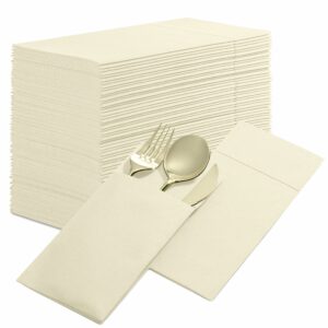 50-pack disposable linen-feel dinner napkins with built-in flatware pocket, cream prefolded cloth like paper napkins for dinner, wedding or party [silverware not included]