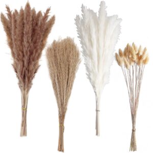 100 pcs small boho pampas grass, 17" naturally dried pompas, pampas grass decor for wedding , boho party decorations, table decor（brown and white）