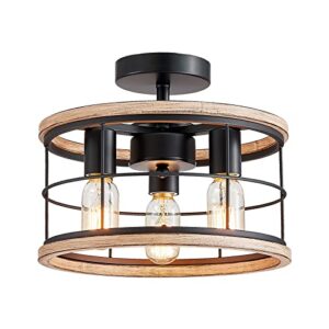 semi flush mount ceiling light fixture vintage ceiling light farmhouse ceiling light white wood grain metal cage ceiling lamp for kitchen dining room hallwa bedroom living room (white wood grain)