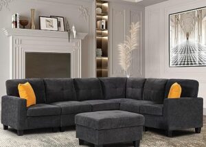 flesser sectional sofa couch with storage ottoman modular sofa couch reversible 6 seater velvet fabric l shape sectional couch for living room, apartment,home office with pillows (dark grey)