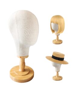 chadwick wig head stand mannequin head hat display stand linen wig holder, hat rack fabric head, canvas dome + detachable wood stand, wig display model head wig stand for wigs, hats, caps, headdress