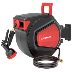 ecomax elg09 1/2in. x 100ft retractable garden hose reel, heavy duty water hose reels, any length lock, slow return system, 8 pattern hose nozzle, wall-mounted & 180° swivel bracket, black & red