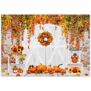 allenjoy 84" x 59" white autumn barn door photo backdrop kids pet thanksgiving photography picture fall harvest maple leaves pumpkin baby shower party supplies decoration banner booth prop background