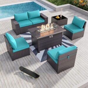 kullavik 7 pieces outdoor patio furniture set with 43" 55000btu gas propane fire pit table pe wicker rattan sectional sofa patio conversation sets,green blue