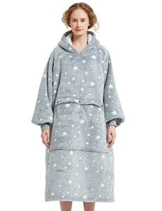 wearable blanket hoodie lengthened oversized sweatshirt for adult, all patterns flannel sherpa blanket with 3 pockets mothers day gifts glow in the dark star