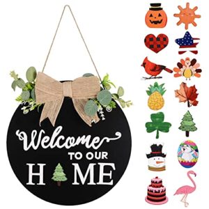 christmas welcome sign for front door, farmhouse porch decorations, rustic welcome wreaths sign with stapled greenery, round wooden hanging sign housewarming gift for home outdoor indoor (black)