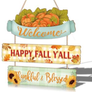 toarti welcome front door hanging sign, thankful & blessed pumpkin fall wood plaque, happy fall yall wall hanging for home wall porch farmhouse harvest thanksgiving party decor