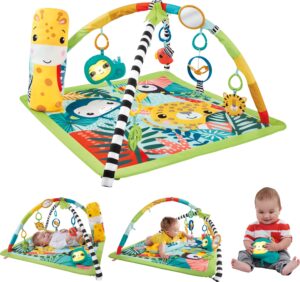 fisher-price baby playmat 3-in-1 rainforest sensory gym with music & lights, tummy wedge & 5 developmental toys for newborns 0+ months