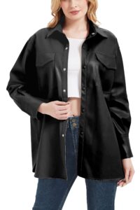 risissida women faux leather shacket jacket,vegan pleather long sleeve shirts black 21001 xx-l