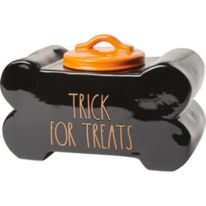 rae dunn ceramic halloween pet treat canister with air tight lid (10 x 5 x 5, trick for treats/black/orange)