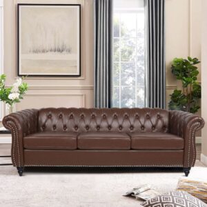 levnary chesterfield sofa, classic tufted upholstered leather couch, modern 3 seater couch furniture with tufted back for living room office (dark brown)