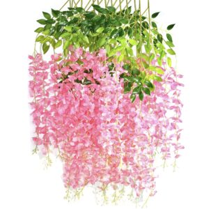 mandy's 12pack pink fake flowers artificial silk wisteria vine ratta hanging fake plants 43” for home party wedding decorations