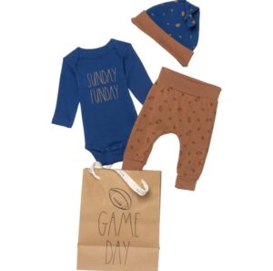 rae dunn 4 piece onesie set for infants football (3-6 months) multicolor