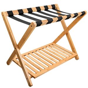 purbambo luggage rack for guest room, suitcase stand with storage shelf, bamboo frame, 6 nylon straps, foldable for easy storage