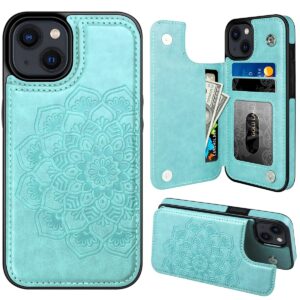 mmhuo for iphone 14 case with card holder, flower magnetic back flip case for iphone 14 wallet case for women, protective case phone case for iphone 14,mint