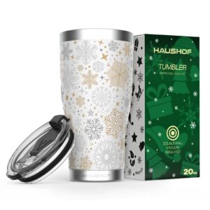 haushof 20oz christmas tumbler, stainless steel and double wall insulated travel coffee mug with lid, good choice for christsmas gifts-white with snowflakes