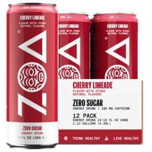 zoa zero sugar energy drinks, cherry limeade - sugar free with electrolytes, healthy vitamin c, amino acids, essential b-vitamins, and caffeine from green tea - 12 fl oz (12-pack)