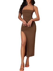 verdusa women's lace up backless strappy sleeveless split long cami dress coffee brown s