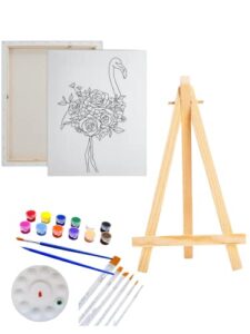 essenburg pre drawn canvas flower flamingo paint kit | adult & teen sip and paint party favor | diy date night couple activity flamingo (m 12x16 paint. easle, 10 paint brushes)