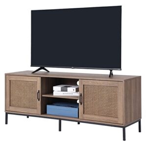 birasil industrial tv stand, wood tv cabinet with rattan doors, entertainment center with storage, rustic television stands for tvs up to 60 inch for living room (natural oak, 56 inch)