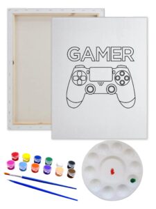 essenburg pre drawn canvas gamer paint kit | adult & teen sip and paint party favor | diy date night couple activity (s 8x10 & 12 colors of paint)