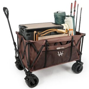 whitsunday heavy duty collapsible wagon cart, 380lb load-bearing utility wagon cart with big all terrain wheels, folding outdoor wagon with side pocket for beach, camping, outdoor brown