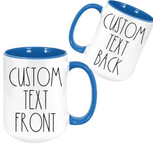 personalized coffee mug! farmhouse style skinny font inspired font blue! 15oz ceramic mug | your custom text on front, back, or both sides!