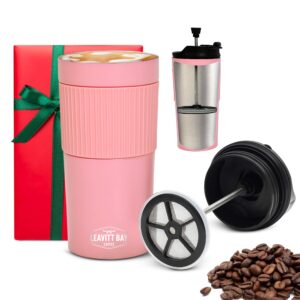 portable french press travel mug (15oz) - stainless steel & double wall vacuum pink coffee maker – single serve french press for travel, home, office, or camping - no leak coffee or tea press tumbler