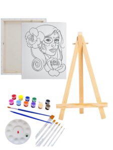 essenburg pre drawn canvas paint kit | teen, kids and adult sip and paint party | diy date night couple activity| canvas boards for painting| lady of the dead ((m 12x16 paint. easle, 10 paint brushes)