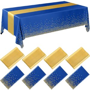 breling 8 pack navy blue and gold disposable plastic tablecloths and satin table runner set, 54 x 108 inch tablecloth, 12 x 108 inch table runners for wedding graduation birthday baby shower new year