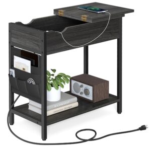 vasagle side table with storage, end table with usb ports and outlets, nightstand with charging station, fabric bags, for living room, bedroom, ebonized oak finish and black ulet310b42