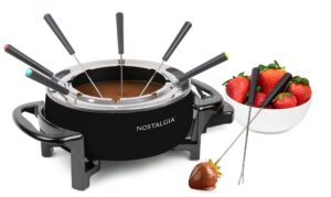 nostalgia 12-cup electric fondue pot set for cheese & chocolate - 8 color-coded forks, adjustable temperature control - stylish serving for hors d'oeuvres, entrees, and desserts - black