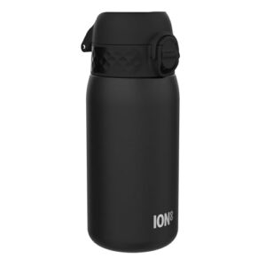 ion8 kids water bottle, steel 400 ml/13 oz, leak proof, easy to open, secure lock, dishwasher safe, hygienic flip cover, carry handle, easy clean, durable, scratch resistant, carbon neutral, black