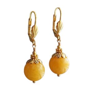 yellow agate earrings round dangles jewelry for women gold plated lever backs in gift box