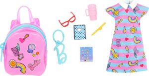 barbie clothes set, school-themed with dress, 5 acessories & zippered doll-sized backpack with clip-on ring