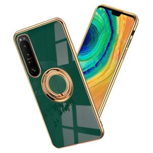 yarxiawin compatible with sony xperia 1 iii case with ring holder pink, aesthetic sony xperia 1 iii phone case silicone soft tpu slim cover shockproof luxury with kickstand (dark green)