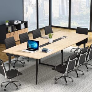 tribesigns 8ft conference table, 94.48l x 47.24w x 29.52h inches large boat shaped meeting seminar table with cable grommets, modern conference room table for office (light wood grain, 8ft)