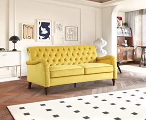 melpomene chesterfield-styled 3 seater sofa couch, modern 72" velvet sofa with button tufting, unique arm and wood legs,yellow