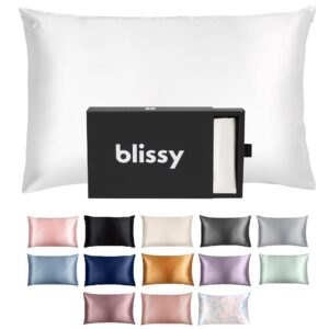 blissy silk pillowcase - 100% pure mulberry silk - 22 momme 6a high-grade fibers - silk pillow cover for hair & skin - regular, queen & king with hidden zipper (king, blissy white)