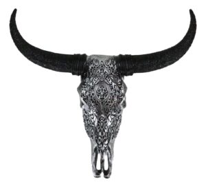 ebros gift silver and black tribal floral vines tooled steer bison bull cow skull head with horns wall mount decor artistic replica native animal bust skulls hanging mounted plaque sculpture